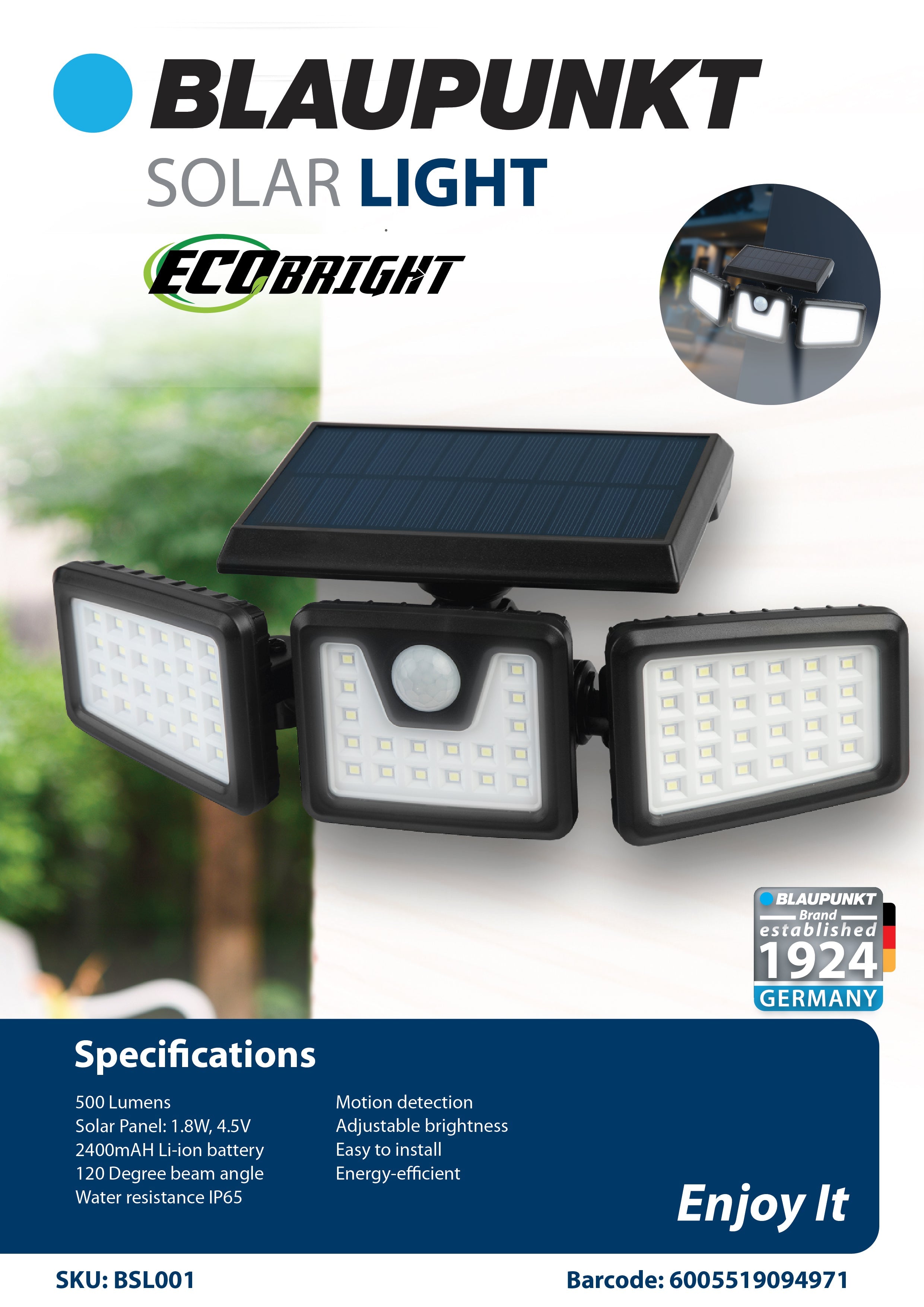 Blaupunkt Ecobright 3 Way Solar Light 450 Lumens– Homemax
