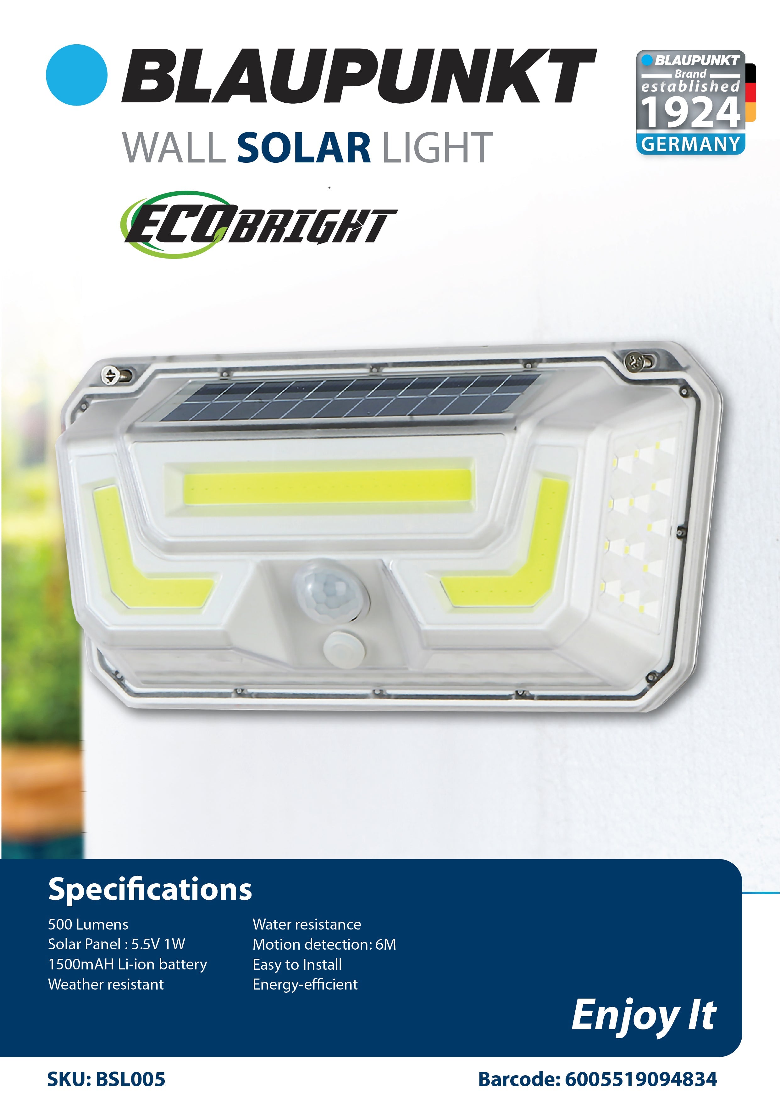 Blaupunkt EcoBright Wall Solar Light 500 Lumens– Homemax